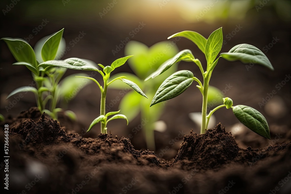 Pepper seedlings planted in the open land, short depth of field. Pepper ...