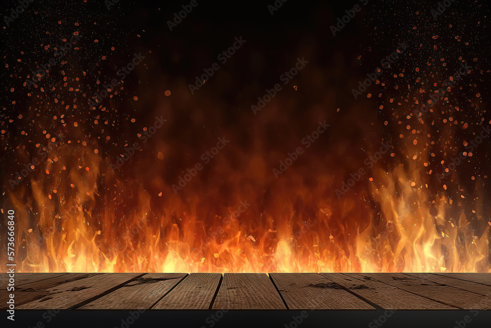 empty wooden desk for product presentation with fire flames background ...