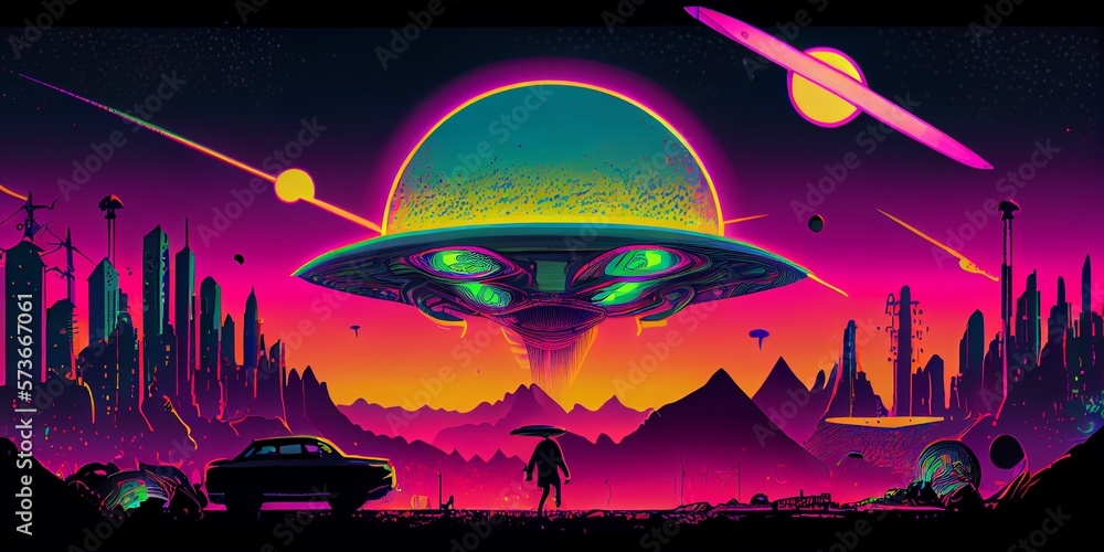 Psychedelic trippy alien cartoon 70s, rave style, acid color. Retrowave ...