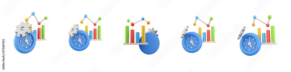 3d rendering blue alarm clock with with histogram and a gear on top ...