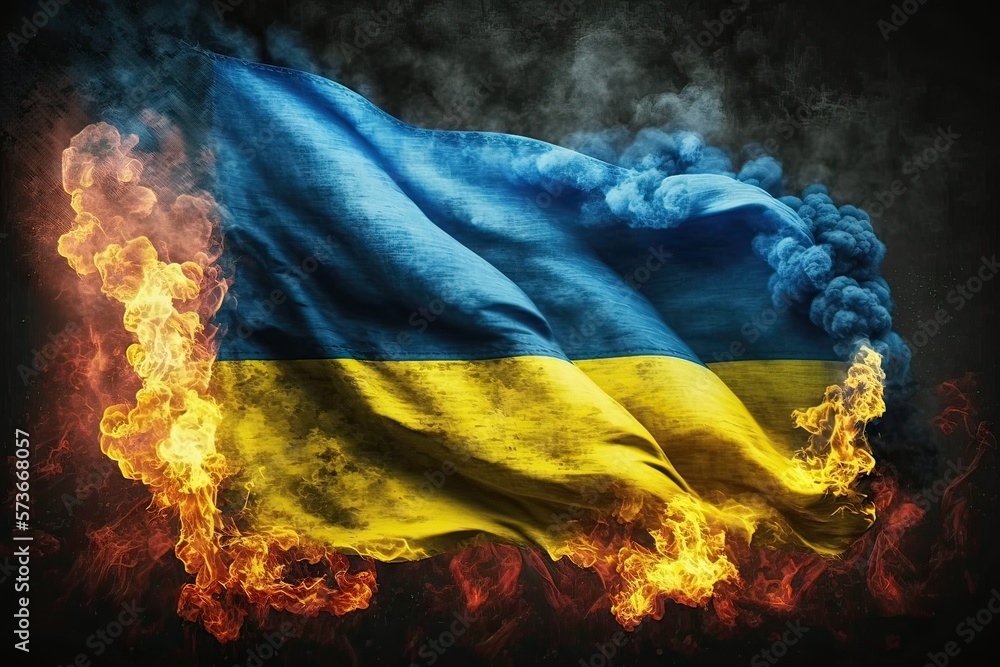 War In Ukraine Burning Ukrainian Flag Dark Solid Background Stock War In Ukraine Burning Ukrainian Flag Dark Solid Background Stock