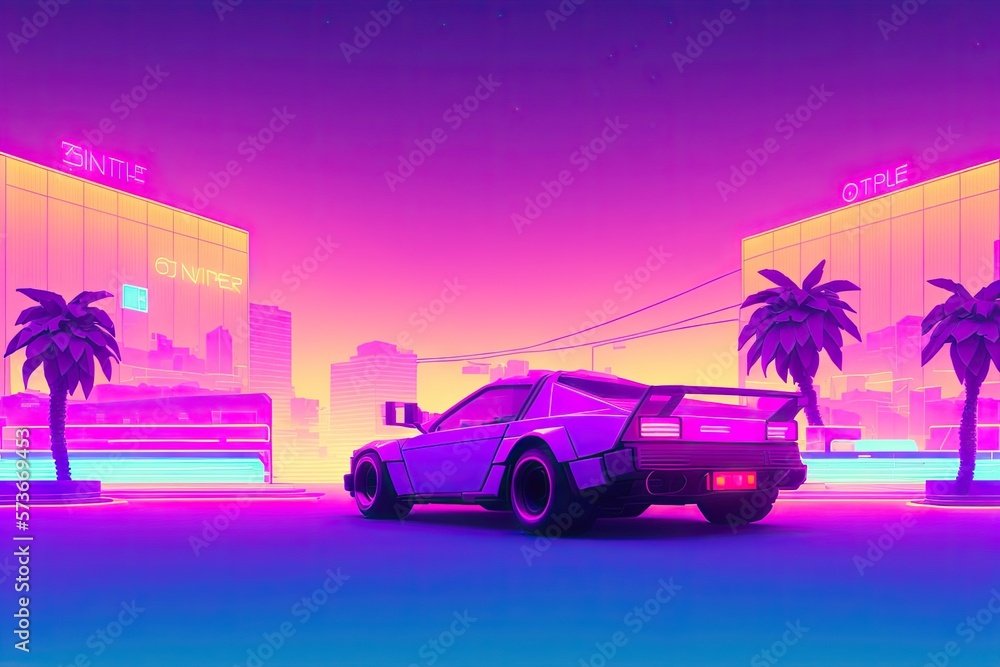80s retro futuristic drive, vintage car. Synthwave sci-fi landscape ...