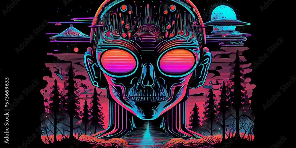 Psychedelic trippy alien cartoon 70s, rave style, acid color. Retrowave ...