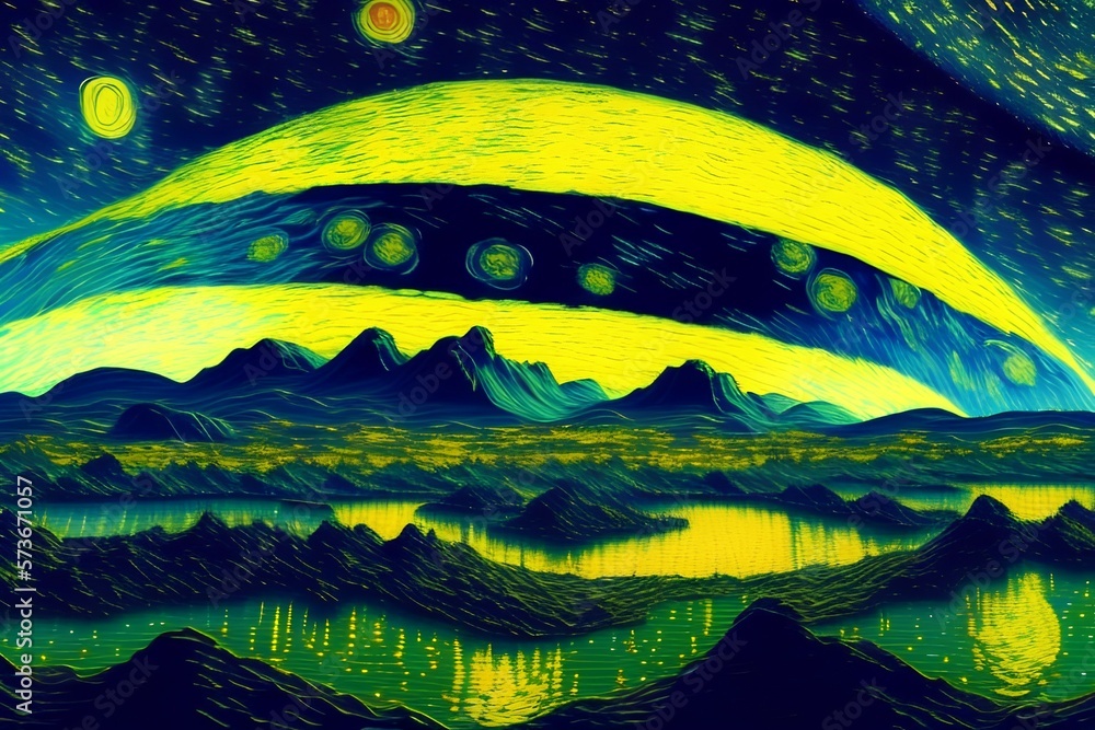 vincent van gogh painting of a huge saturn in the night sky on an alien ...