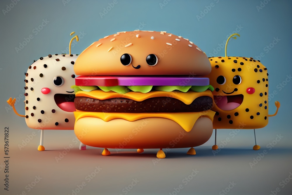 Cute Cartoon Cheeseburger Characters 3D Illustration. Created with ...