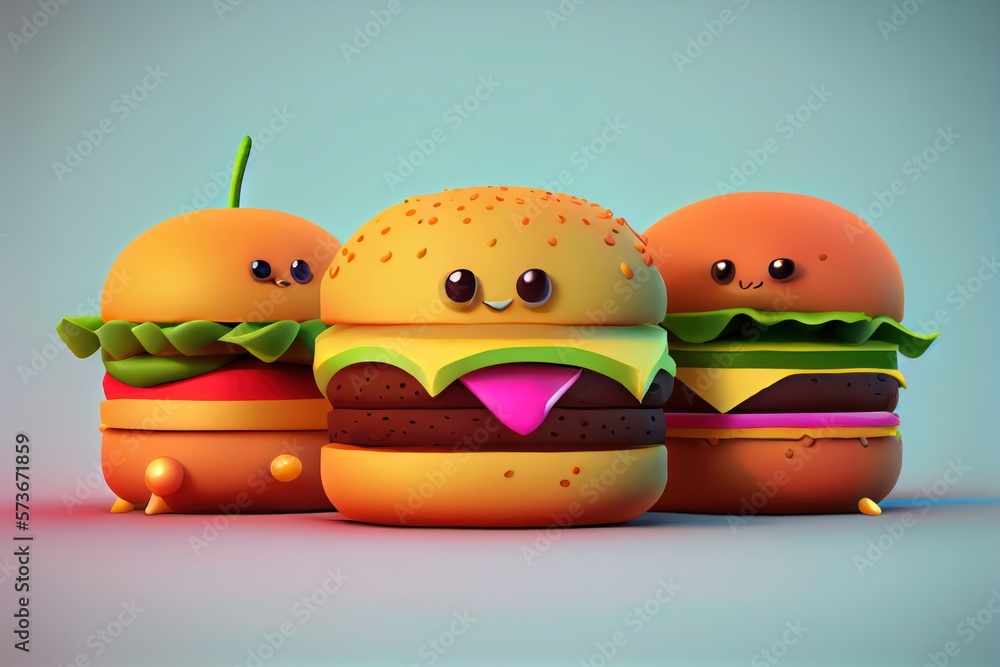 Cute Cartoon Cheeseburger Characters 3D Illustration. Created with ...