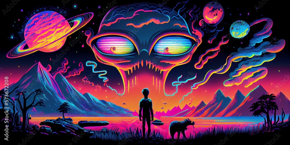 Psychedelic trippy alien cartoon 70s, rave style, acid color. Retrowave ...