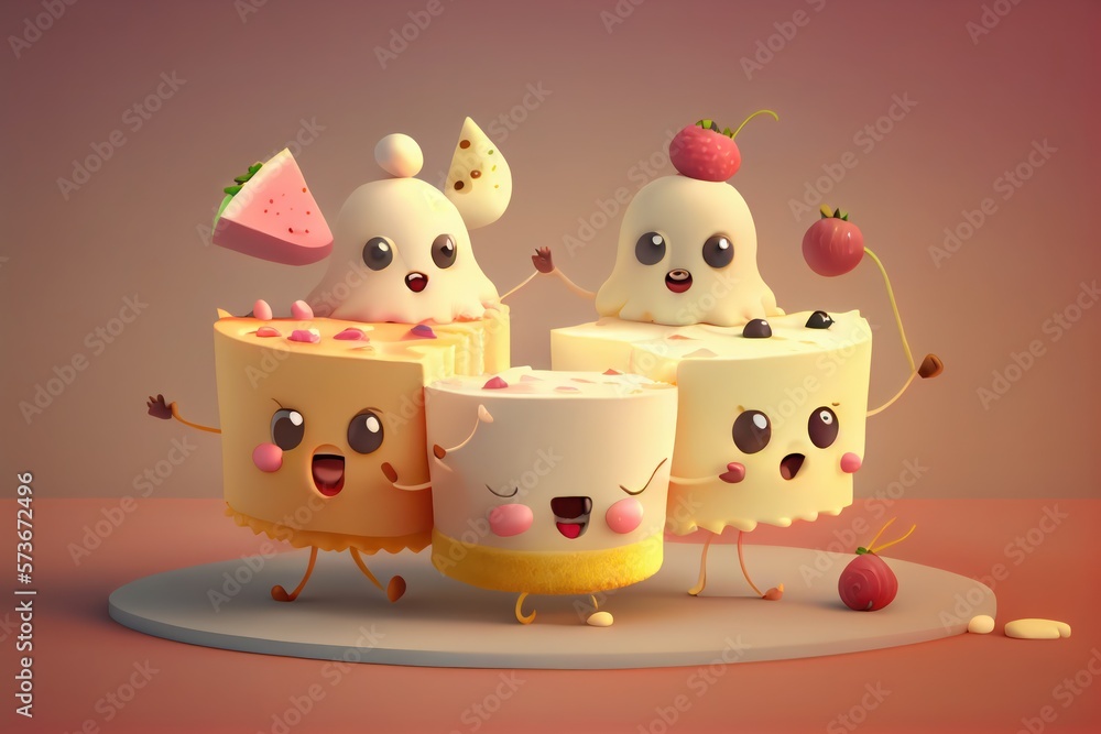Cute Cartoon Cheesecake Characters 3D Illustration. Created with ...