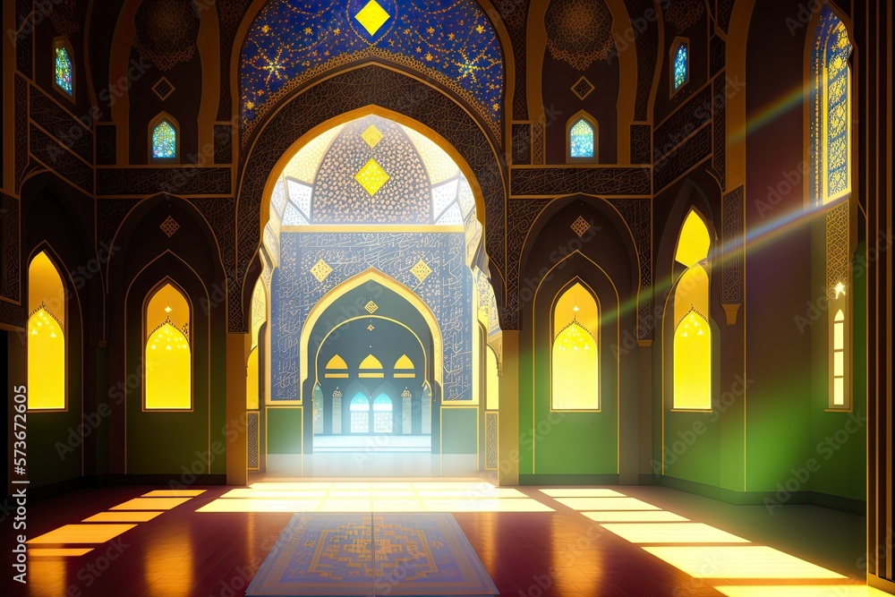 Islamic background painting. Mosque and shadows. Light rays from mosque ...