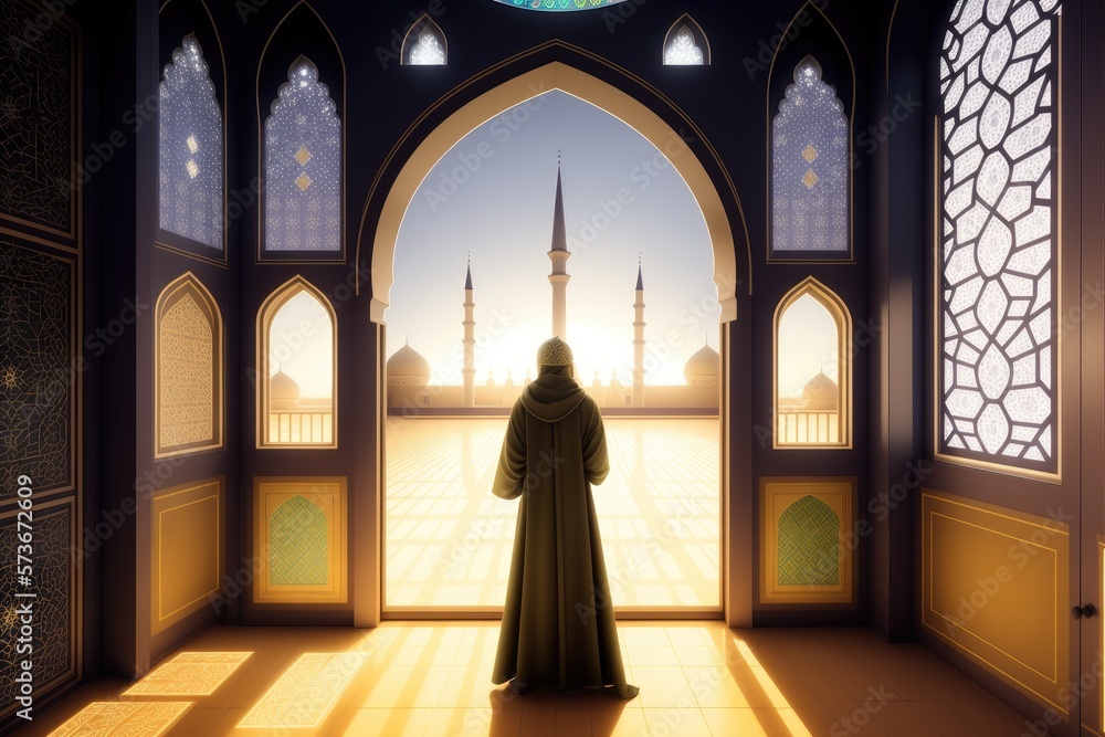Islamic background painting. Mosque and shadows. Light rays from mosque ...