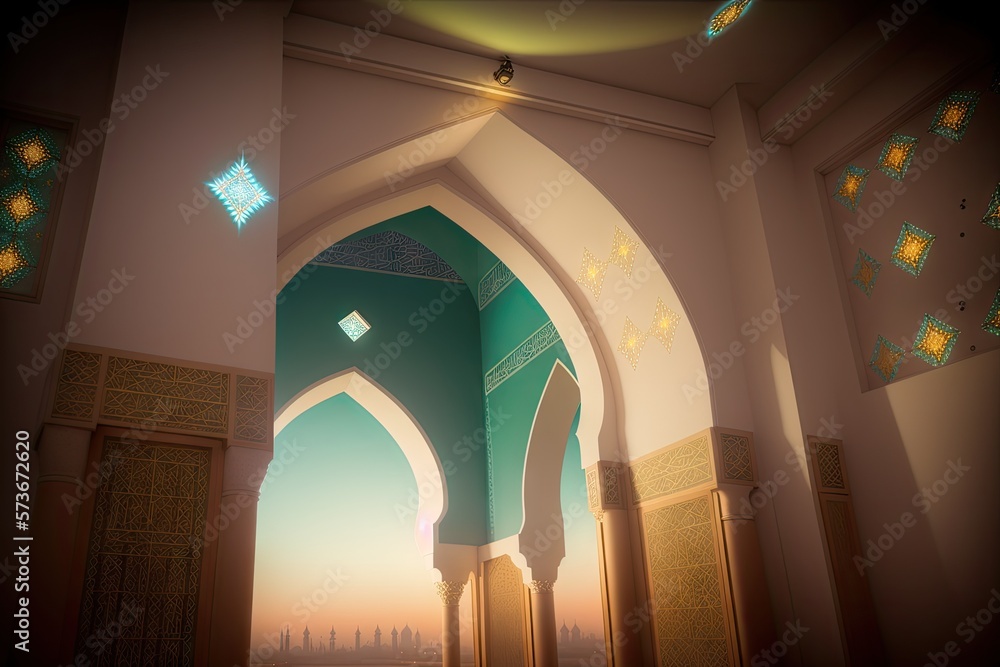 Islamic background painting. Mosque and shadows. Light rays from mosque ...