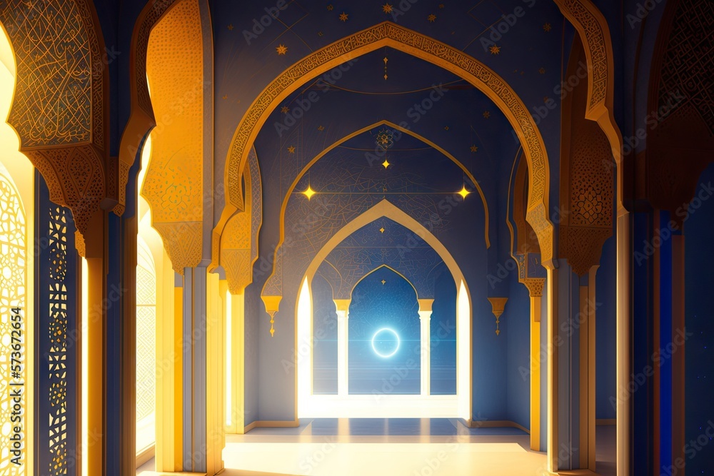 Islamic background painting. Mosque and shadows. Light rays from mosque ...