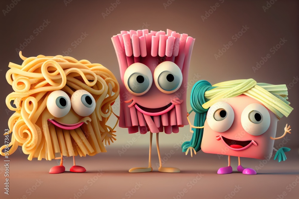 Cute Cartoon Pasta Characters 3D Illustration. Created with Generative ...