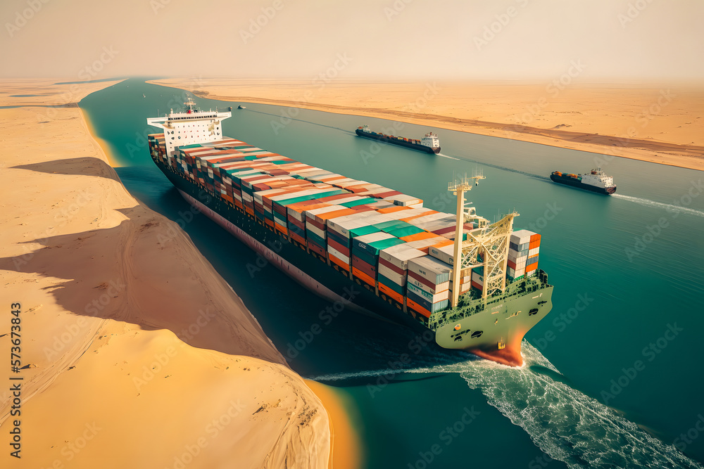 Container Cargo ship passes through transport channel, accompanied by ...