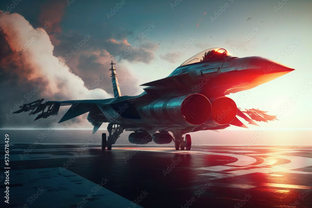 Fighter plane on the aircraft carrier landing strip. Concept of warfare ...