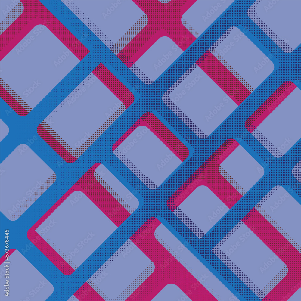 Abstract pink and blue background of crossed lines and halftone dots ...