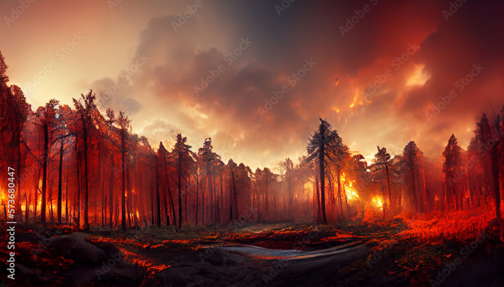 Forest fire disaster illustration, trees burning at night, wildfire ...