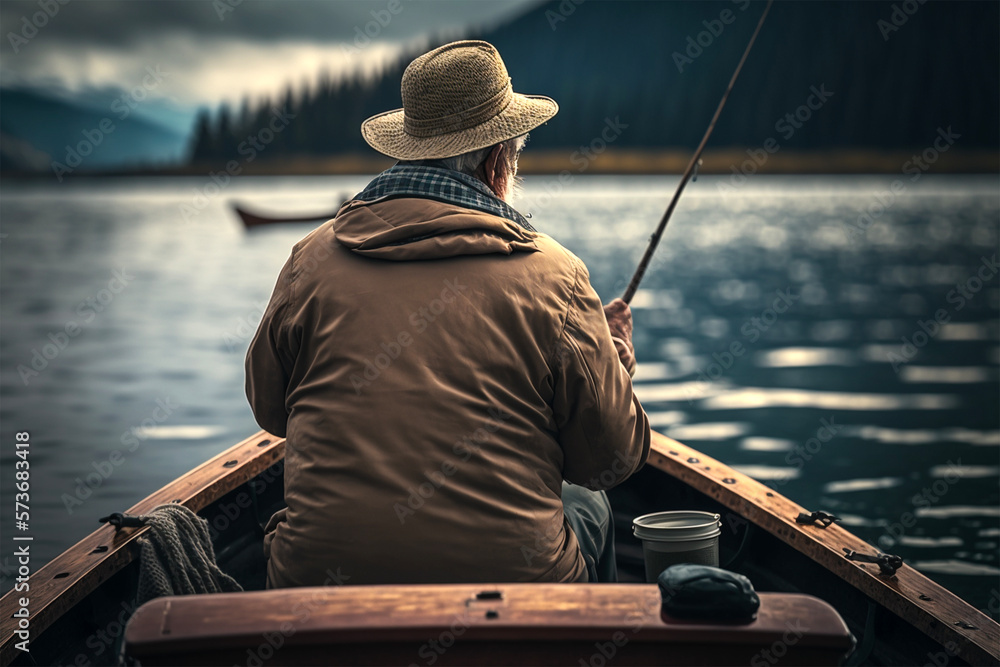 An old man fishing on boat in lake.Back view.Blurred forest and lake ...
