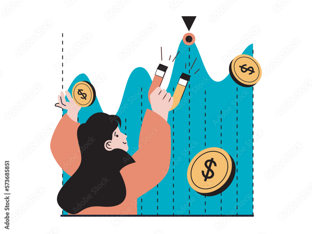 Vetor de Stock trading concept with character situation. Woman analyzes ...