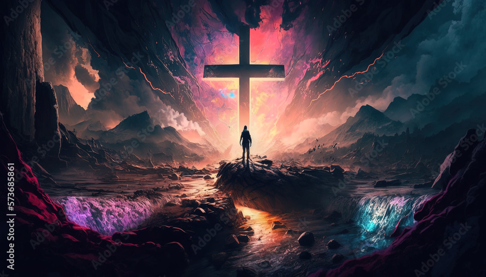 Abstract landscape showing the power of prayer with an archway ...