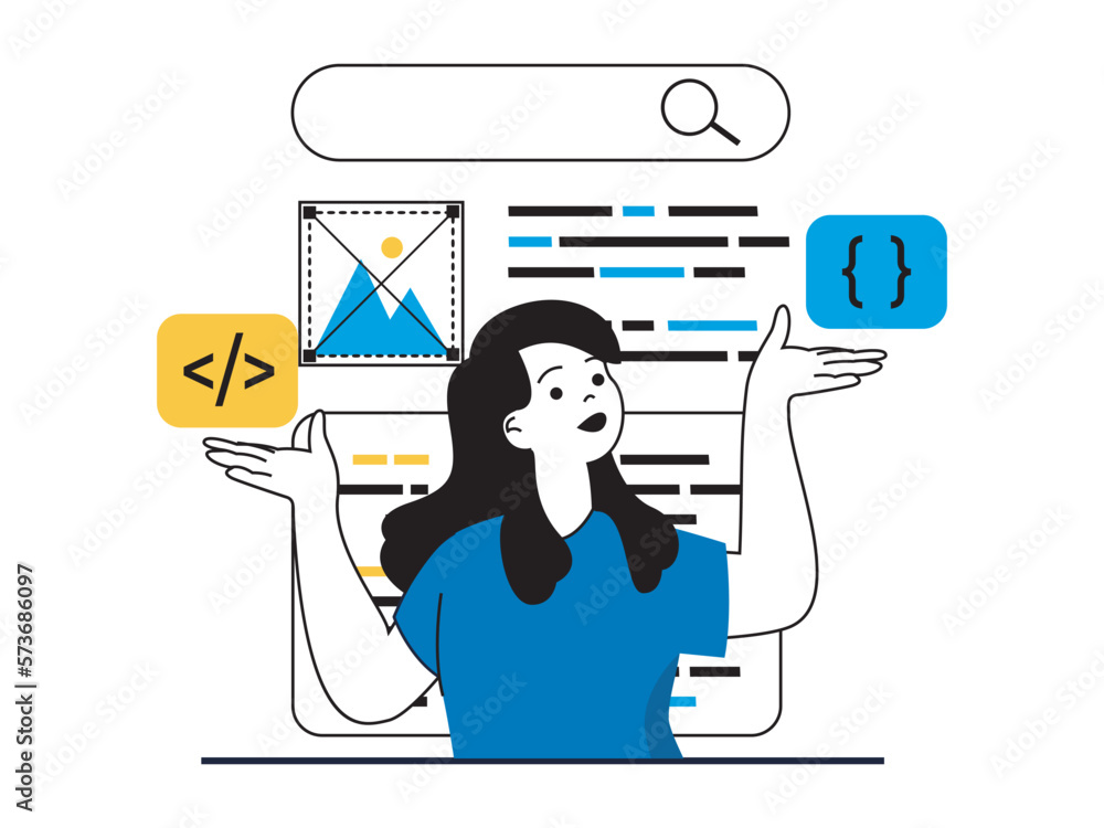 Web development concept with character situation. Woman working with ...