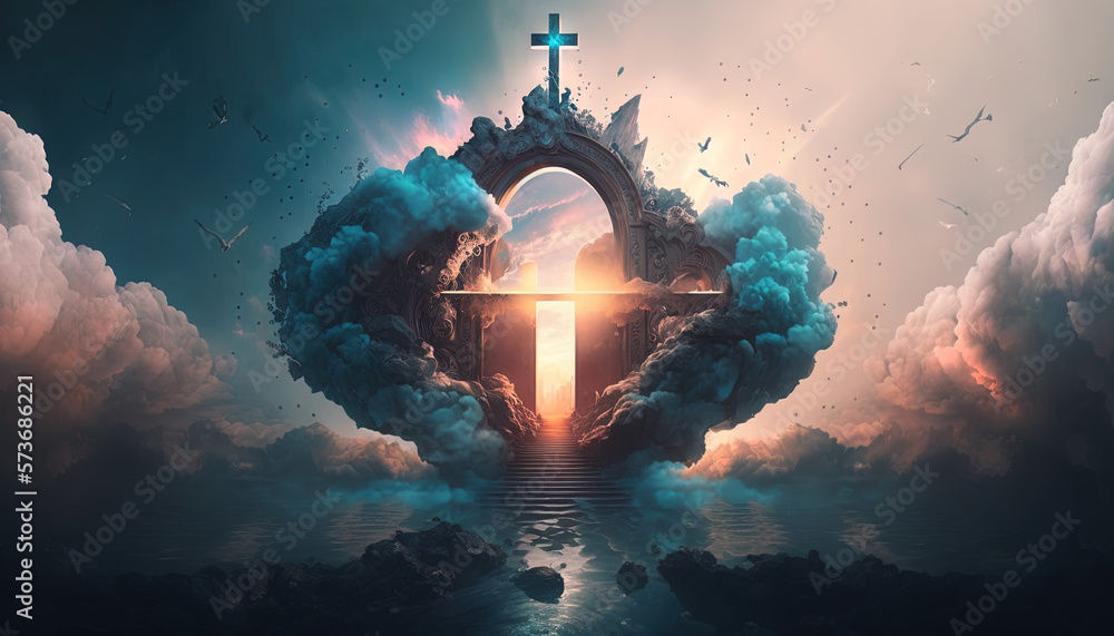 Abstract landscape showing the power of prayer with an archway ...