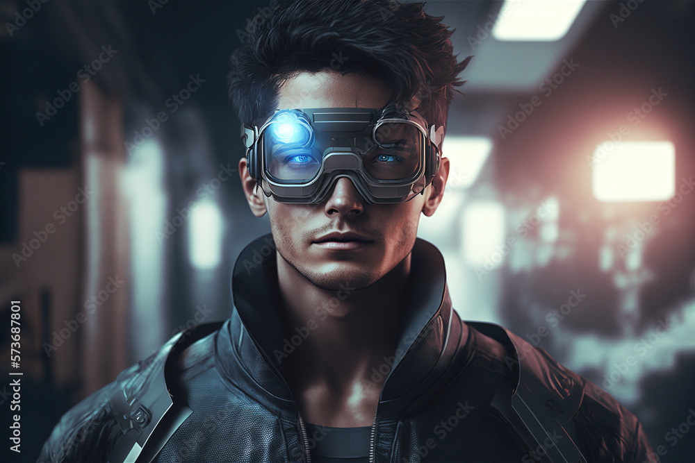 Portrait of cyberpunk man on the night room with blurred bokeh neon ...