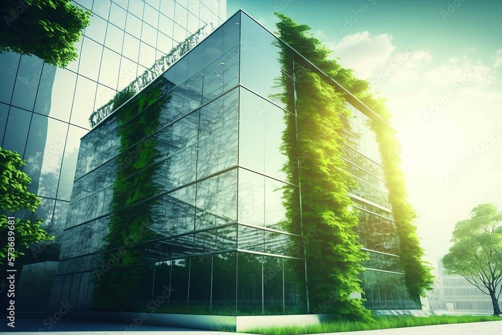 Green office building in a modern metropolis. Glass building with green ...