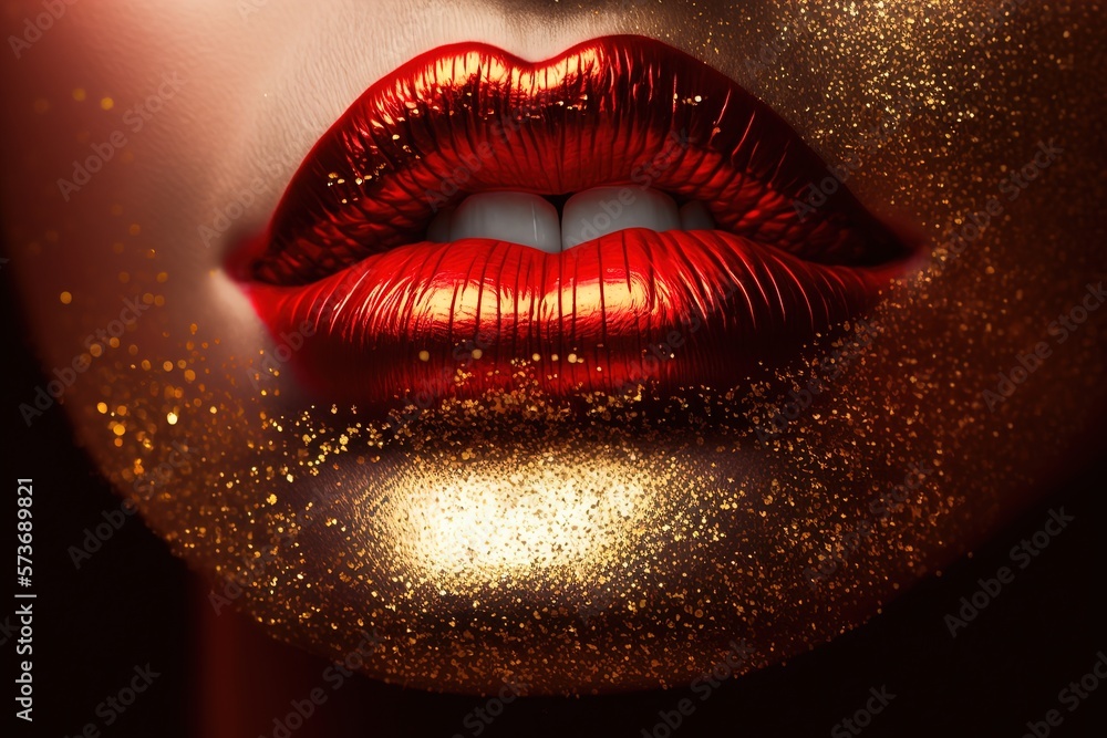Red lips with red shimmer, female face with pulling gold. Generative AI ...
