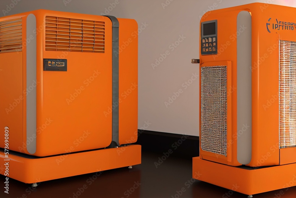 Reciprocating refrigeration compressor. Orange industrial machine with ...
