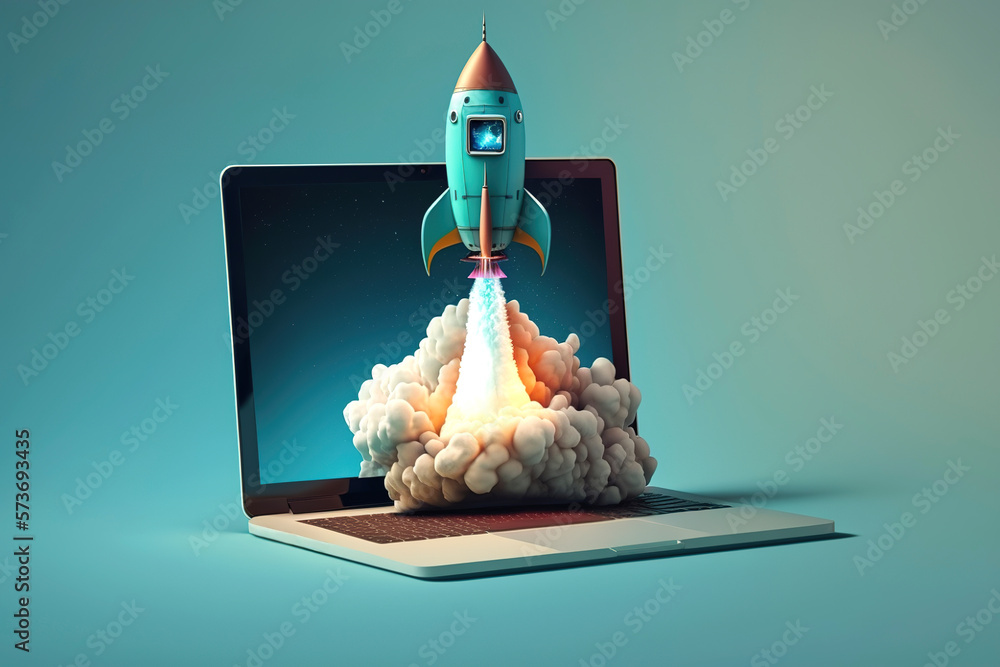 Rocket coming out of laptop screen, blue background. Generative AI ...