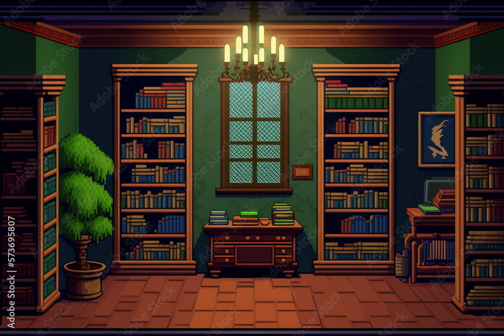 Pixel art game background with book shelfs in a library. Generative AI ...
