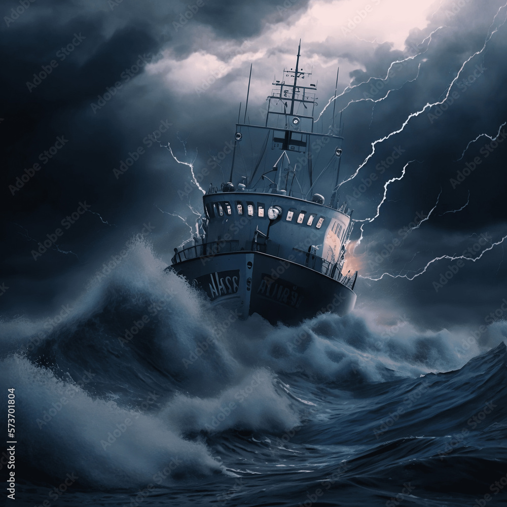 Dibujo digital de barco navegando por el mar en una tormenta electrica ...