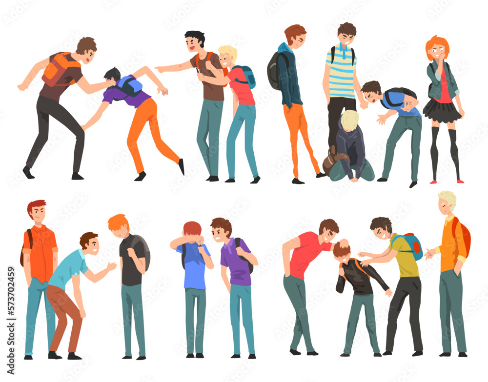 Conflicts at school set. Teenage students bullying another. Abuse and ...