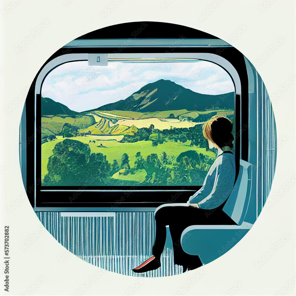 person sitting on a train, looking out of the window as the train ...