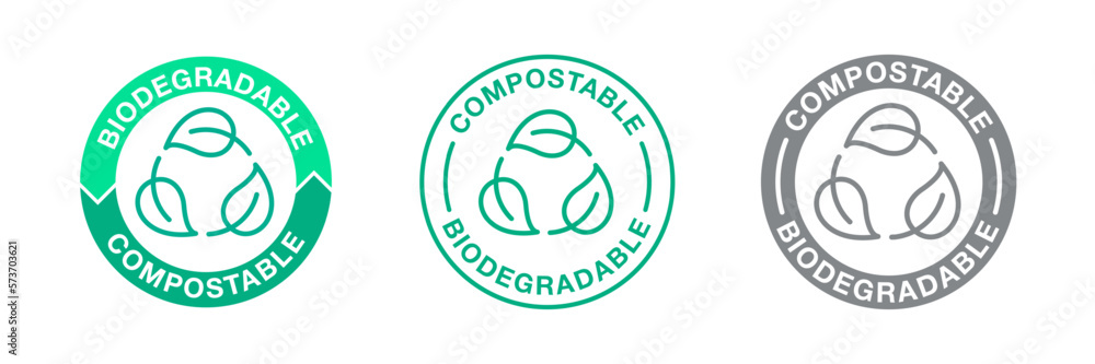 Biodegradable compostable icons, bio recyclable and degradable package stamps, vector recycle ...