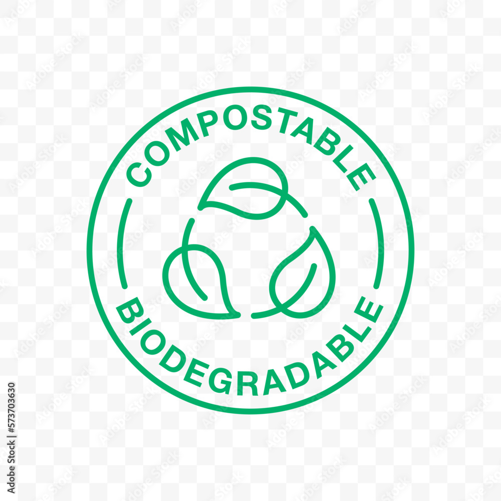 Biodegradable icon or compostable eco plastic, vector leaf label. Bio ...