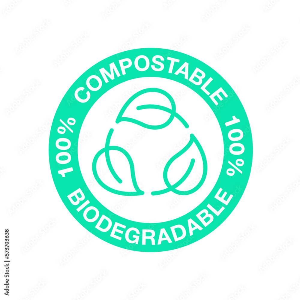 Biodegradable, compostable recyclable icon, bio plastic free pack vector green leaf label. Bio ...