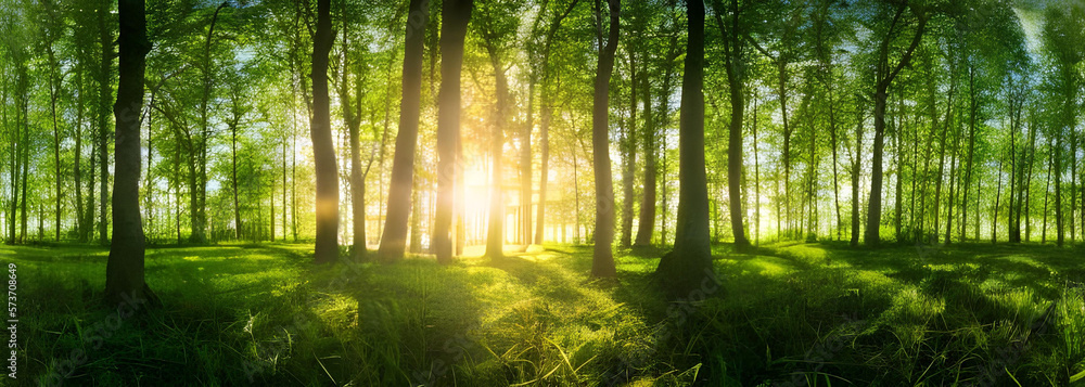 Beautiful magical forest fabulous trees. Forest landscape, sun rays ...