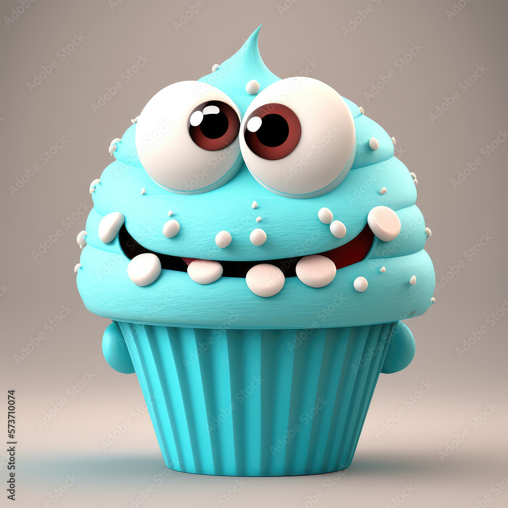 3d cartoon cupcake character. Sweet dessert with big eyes and teeth ...
