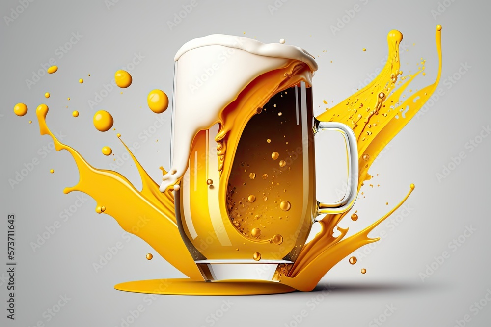 a realistic illustration of a golden beer splatter inside a clear glass ...
