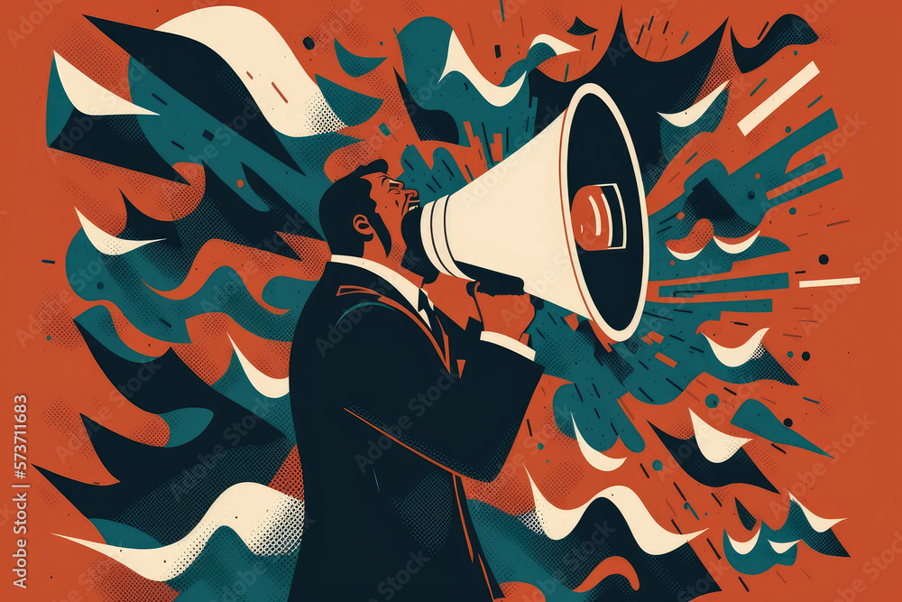 determined businessman shouting through a megaphone, conveying a ...