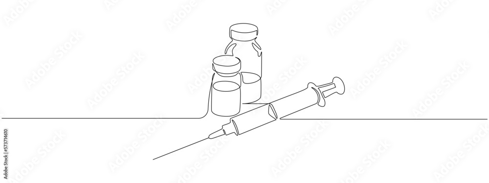 One continuous line drawing of medicine set with syringe and vial ...
