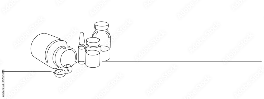 One continuous line drawing of medicine set with pills. Pharmaceutical ...