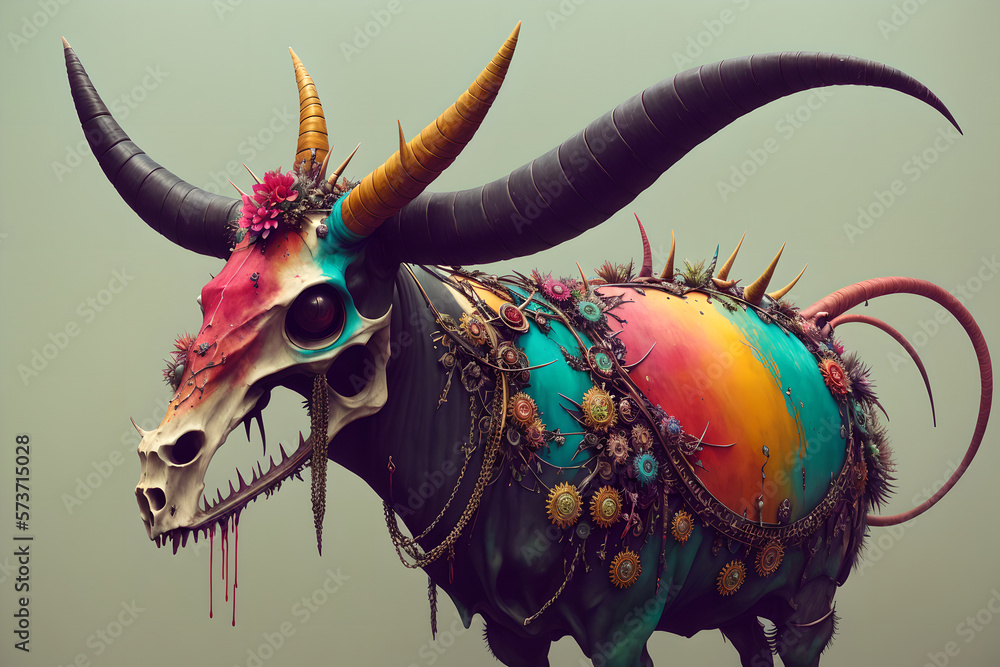 Hellish monster with fangs and horns, rotted flesh, empty eye sockets ...