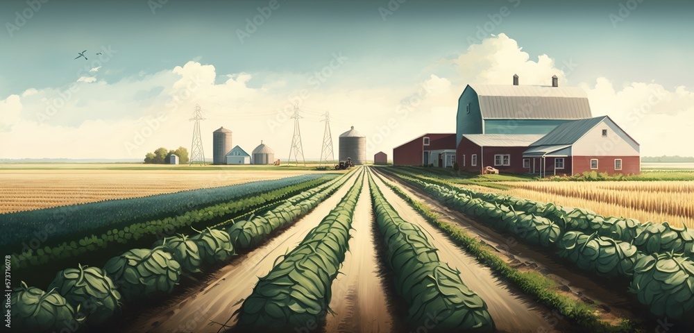 Rows of crops stretch out to horizon dotted with farmhouses and silos ...
