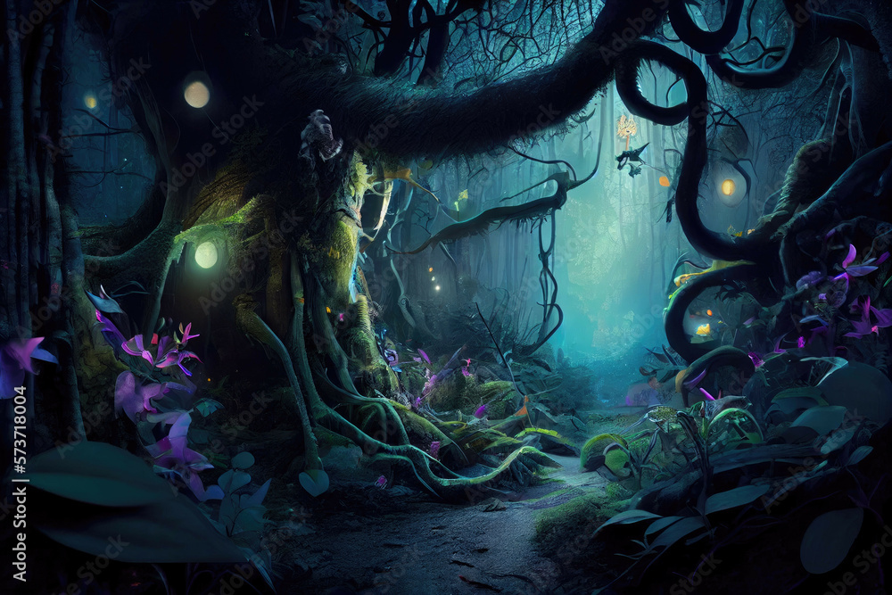 A magical forest filled with enchanted creatures and mythical plants, glowing with a mysterious ...