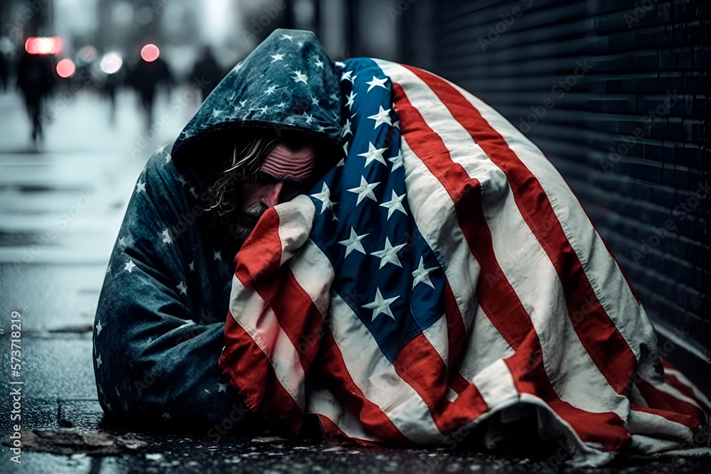 Homeless man sleeps on the pavement in the USA, hiding behind the ...