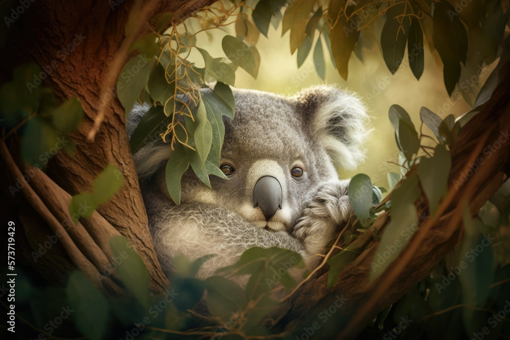 Western Australian wild koala bear hiding in the leaves of a tree while ...
