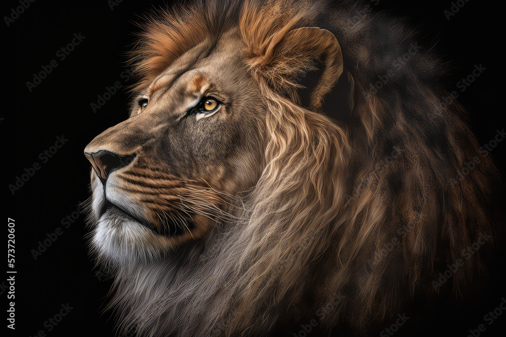 portrait of a lion looking to the left with a black background made ...
